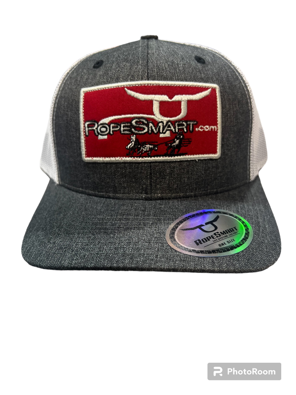 ROPESMART CLASSIC TRUCKER WITH COWBOY PATCH-GREY — Bushland Ranch Store