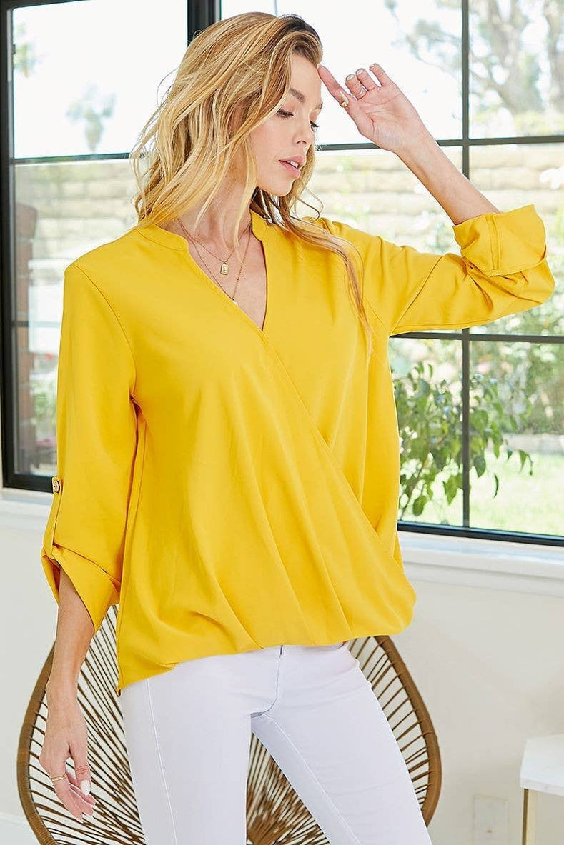 SP4732T-24926 - WOMEN SOLID WRAP CROSSOVER BLOUSE — Bushland Ranch Store